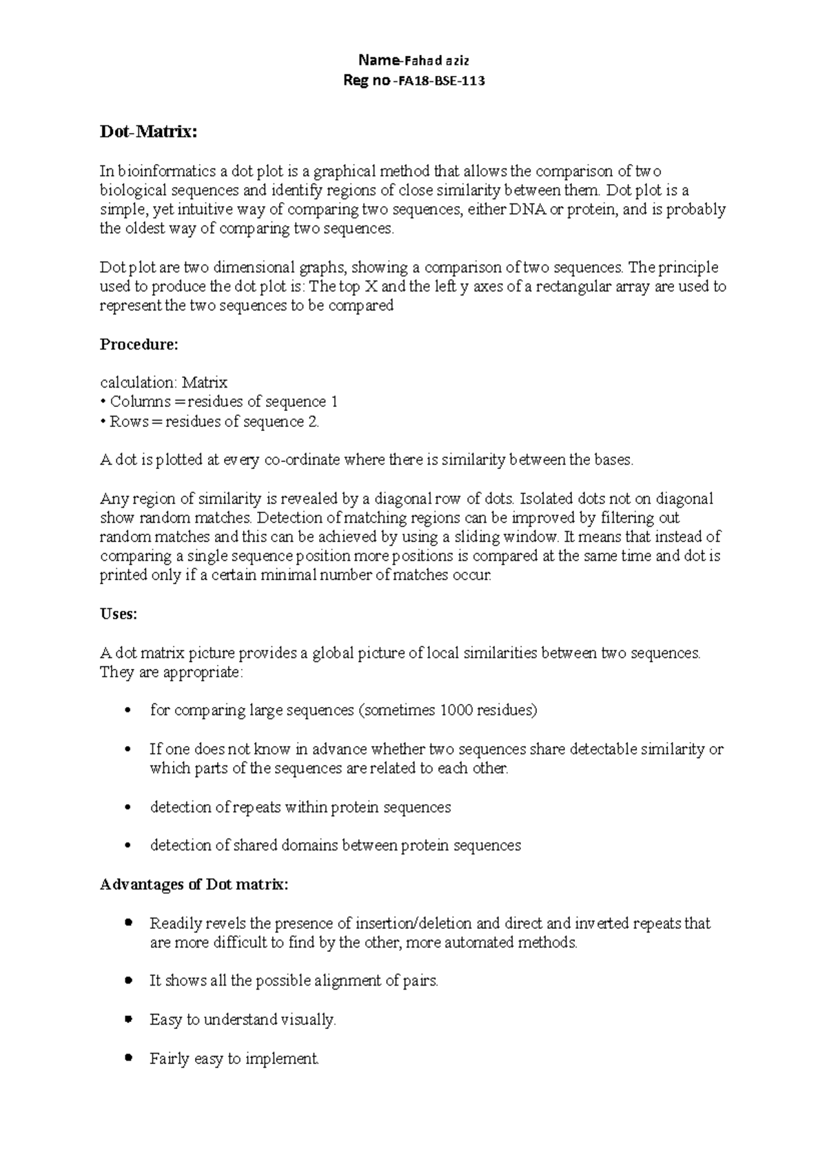 Bioinfo 2 Dot Product Name Fahad Aziz Reg No Fa18 Bse Dot Matrix In Bioinformatics A Dot
