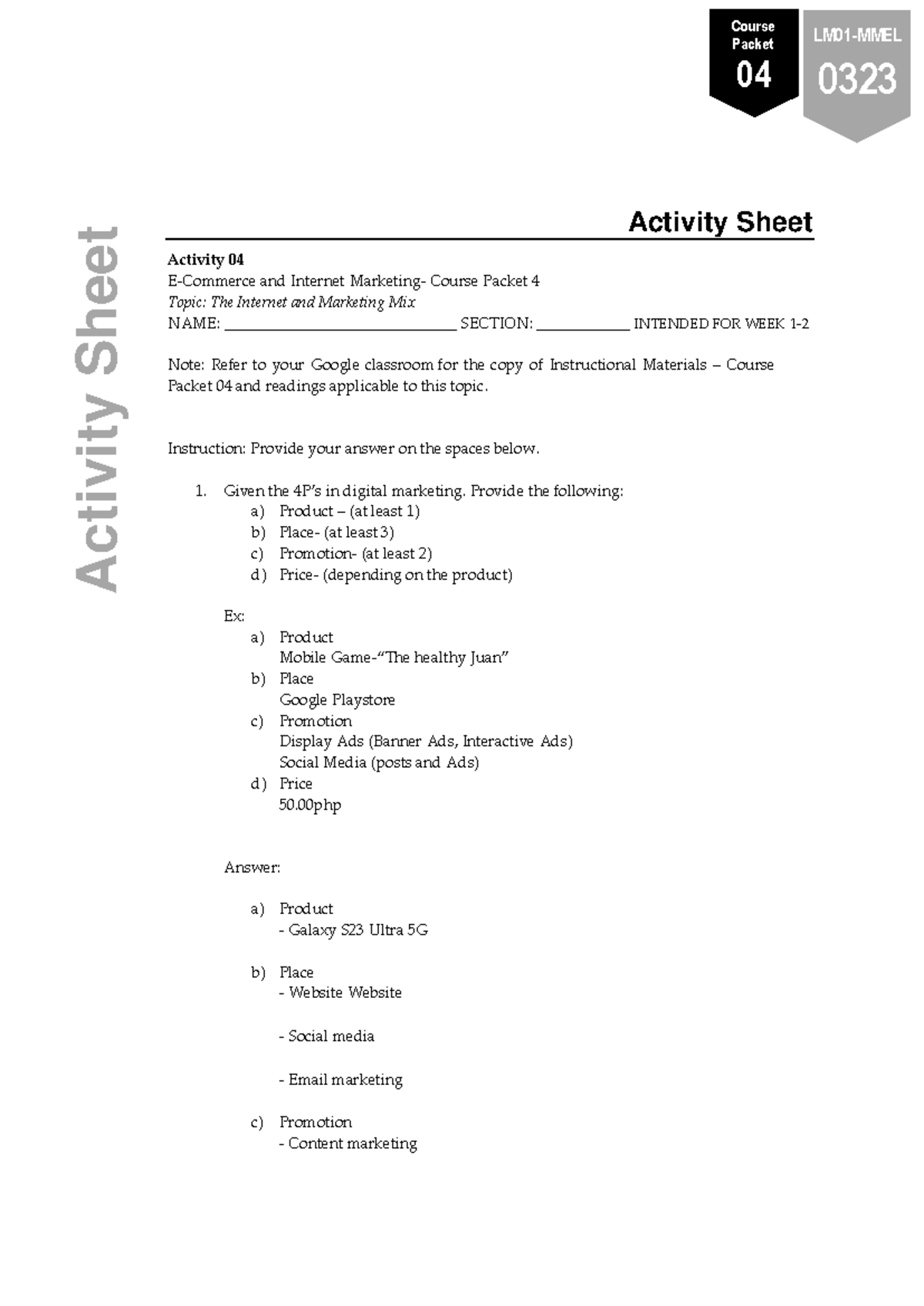 Activity Sheet 04 - Activity Sheet LM01-MMEL 0323 Course Packet 04 ...