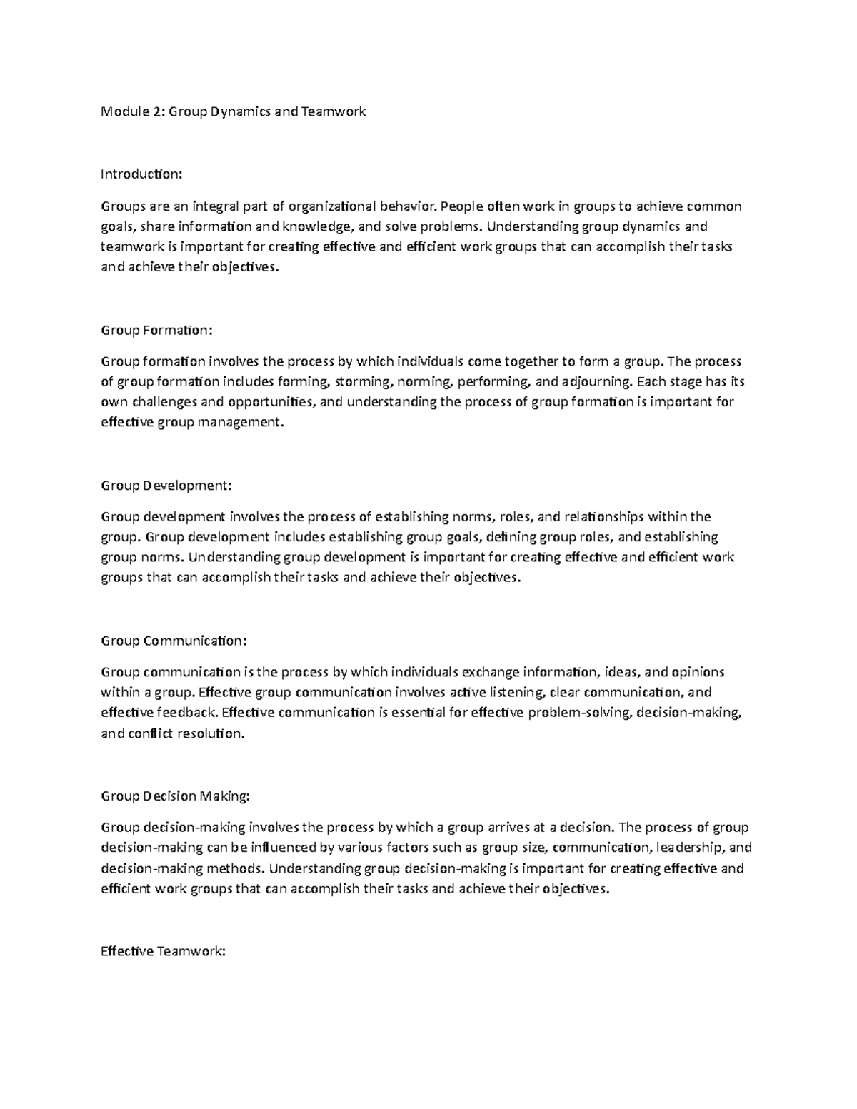 Orgb 2 - Orgb 2 - Module 2: Group Dynamics and Teamwork Introduction: Groups are an integral ...