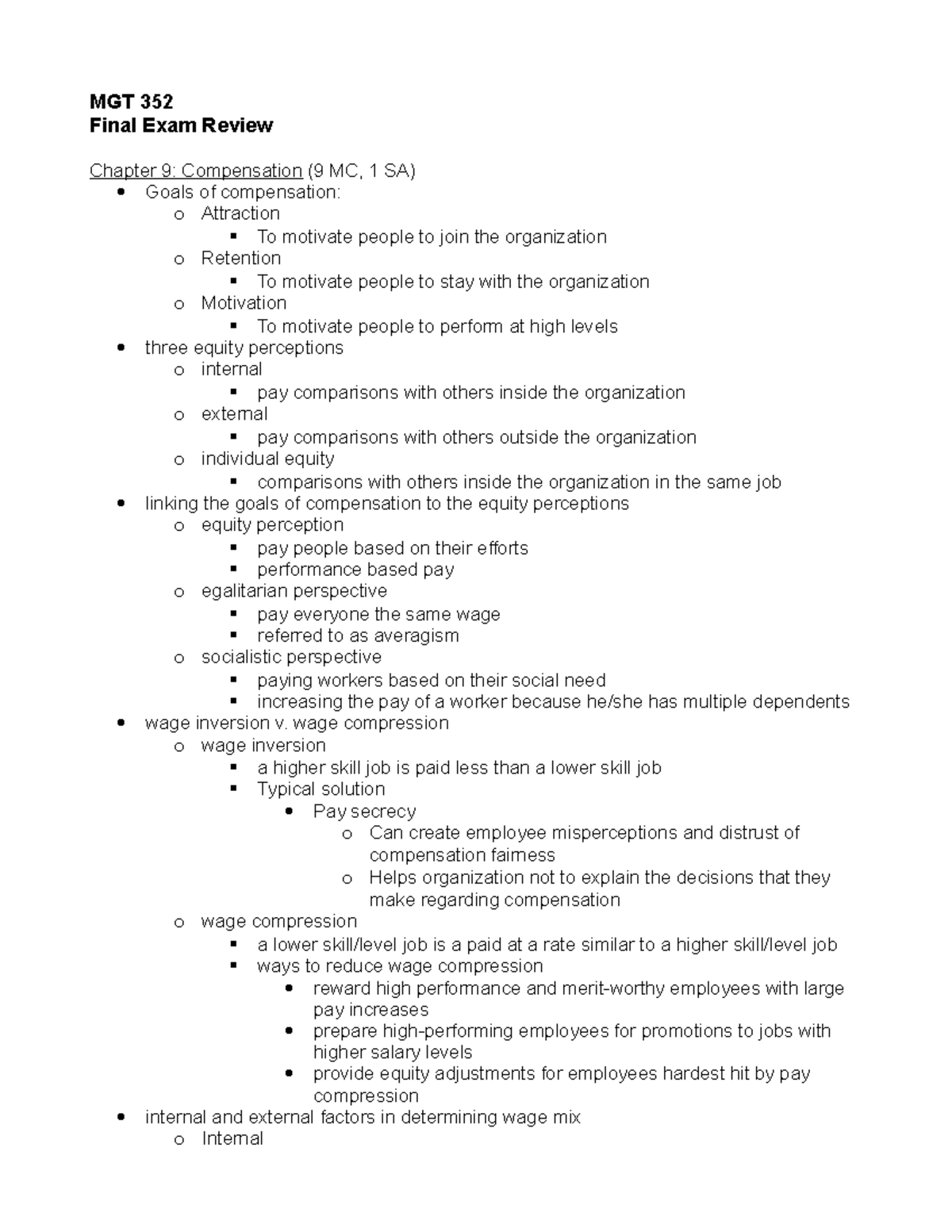 MGT 352 Final exam review - MGT 352 Final Exam Review Chapter 9 ...