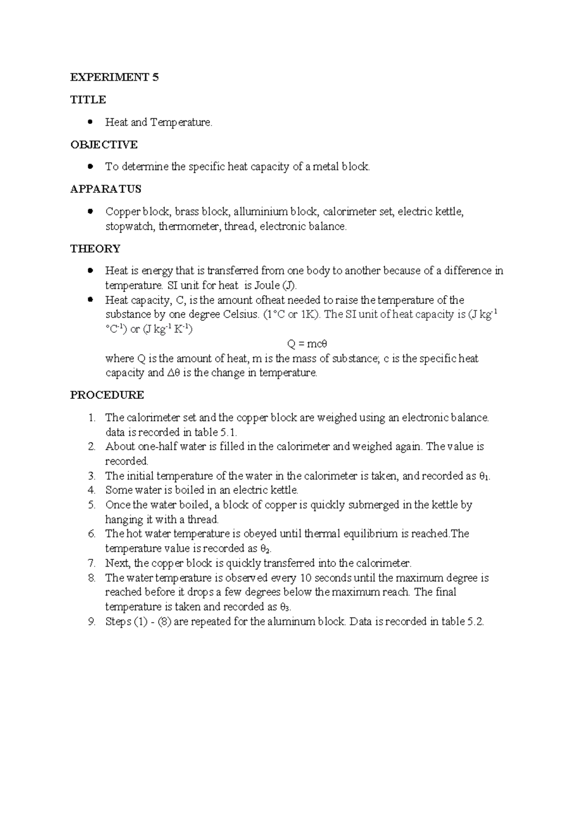Exp 3 phy130 - EXPERIMENT 5 TITLE Heat and Temperature. OBJECTIVE To ...