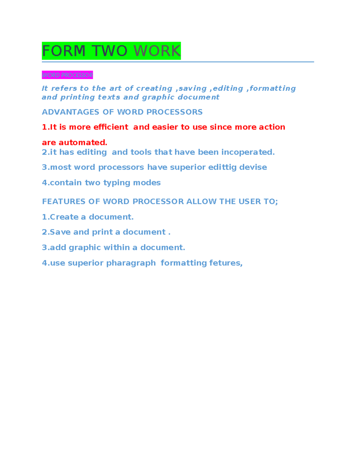 FORM TWO WORK - helpful notes - FORM TWO WORK WORD PROCESSOR It refers ...