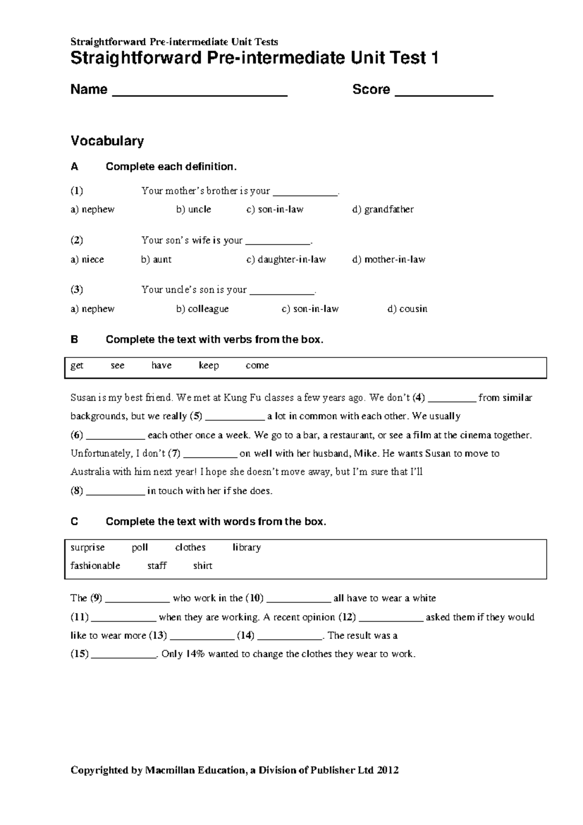 Sf pre inter test 1 - To pay - Straightforward Pre-intermediate Unit ...