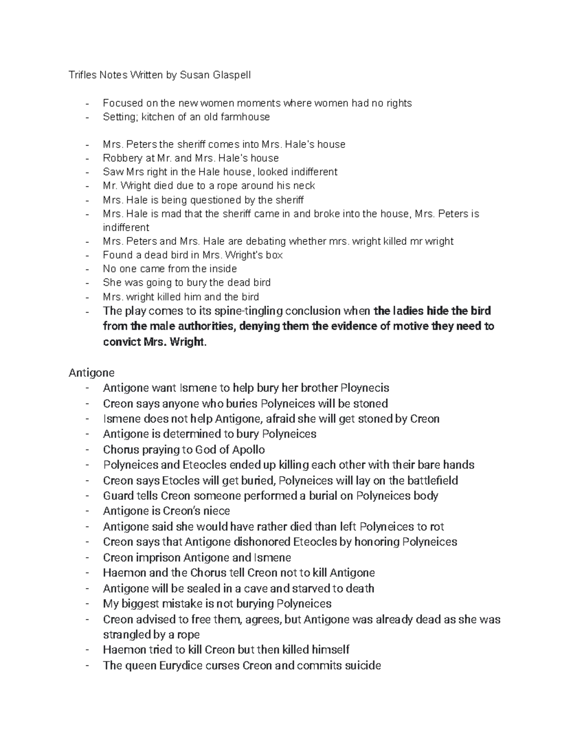 Theatre Plays Review Guide - Trifles Notes Written by Susan Glaspell ...