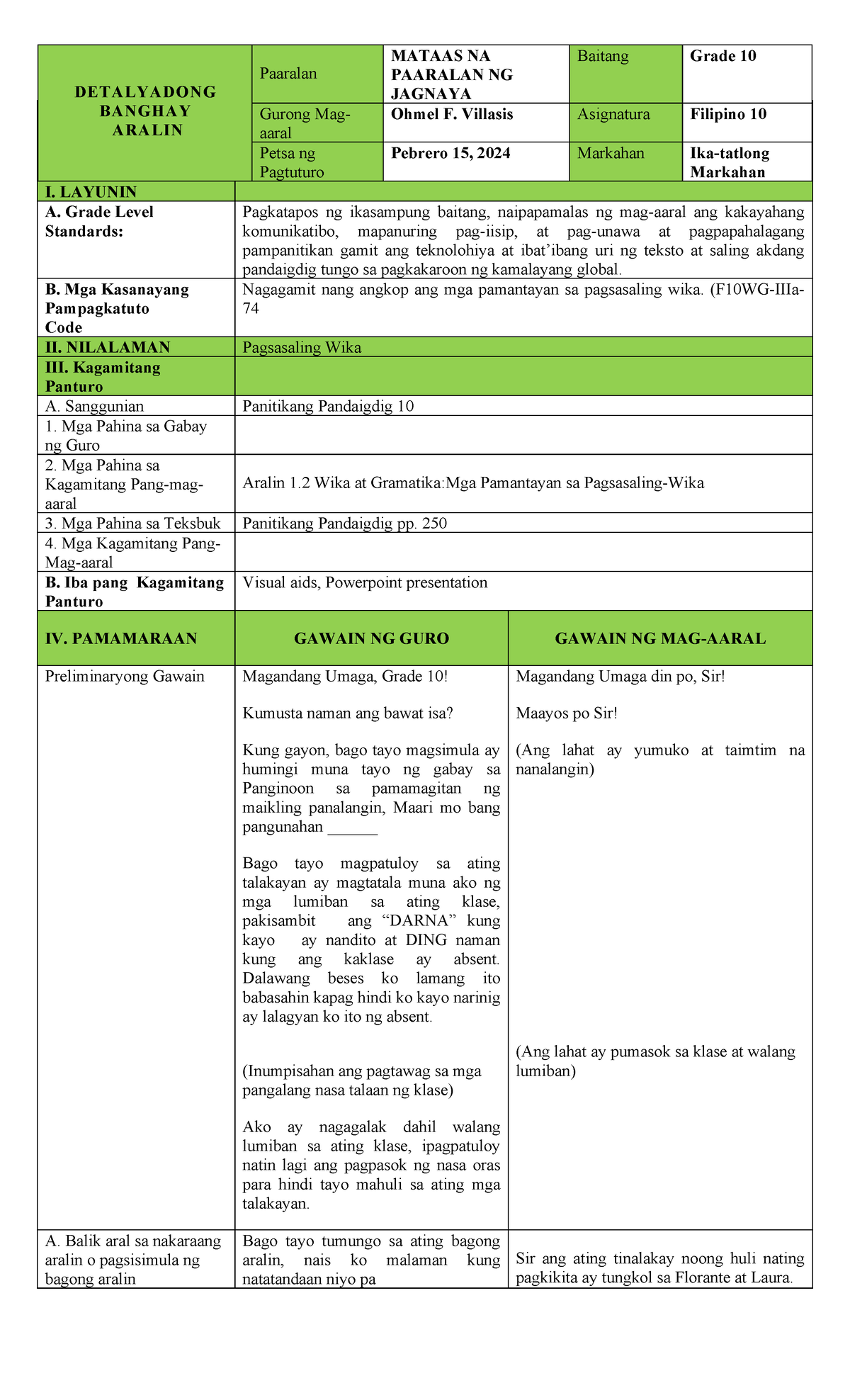 Detalyadong Banghay Aralin 2 - I. LAYUNIN A. Grade Level Standards ...