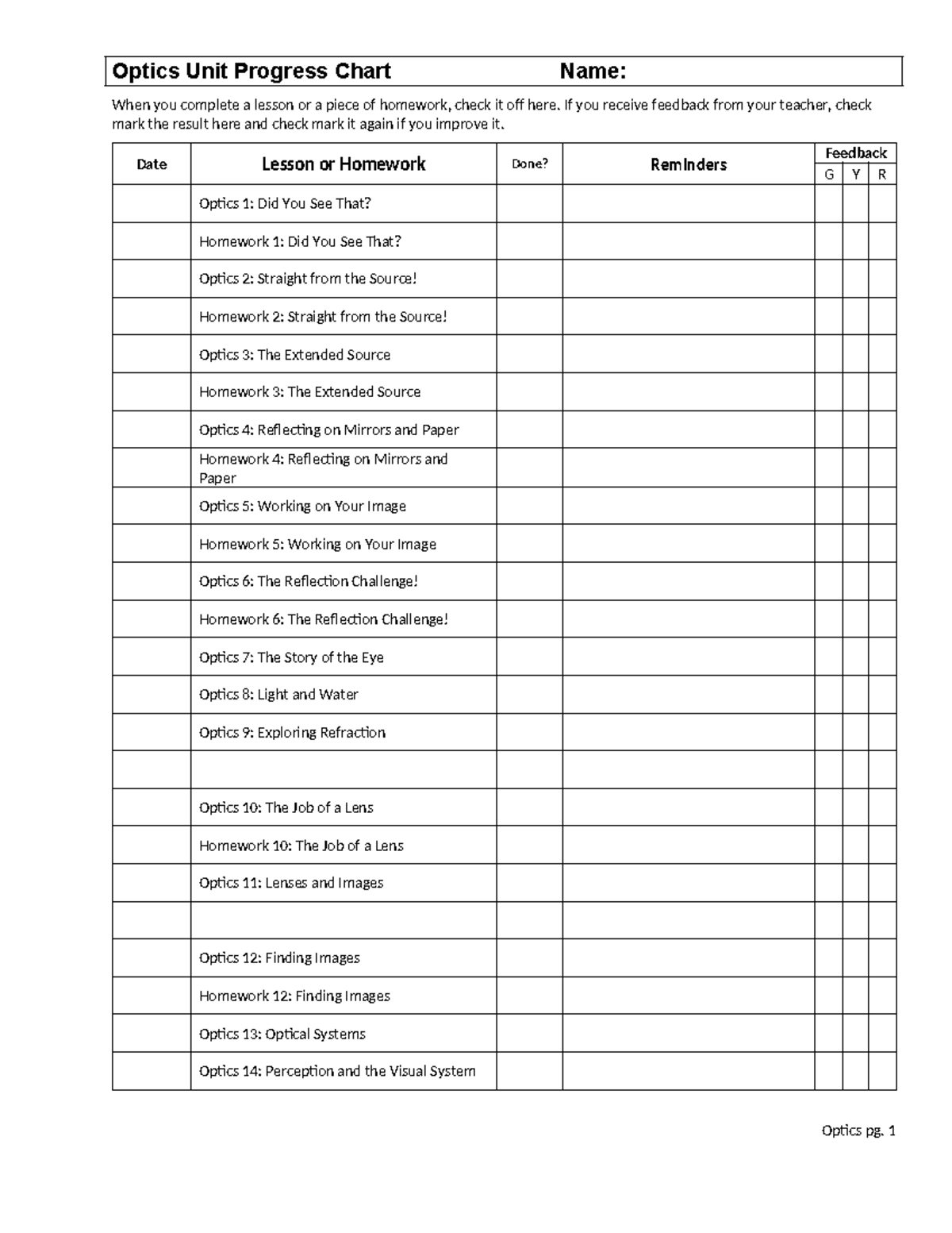 10 Handbook - Optics - Optics Unit Progress Chart Name: When you ...