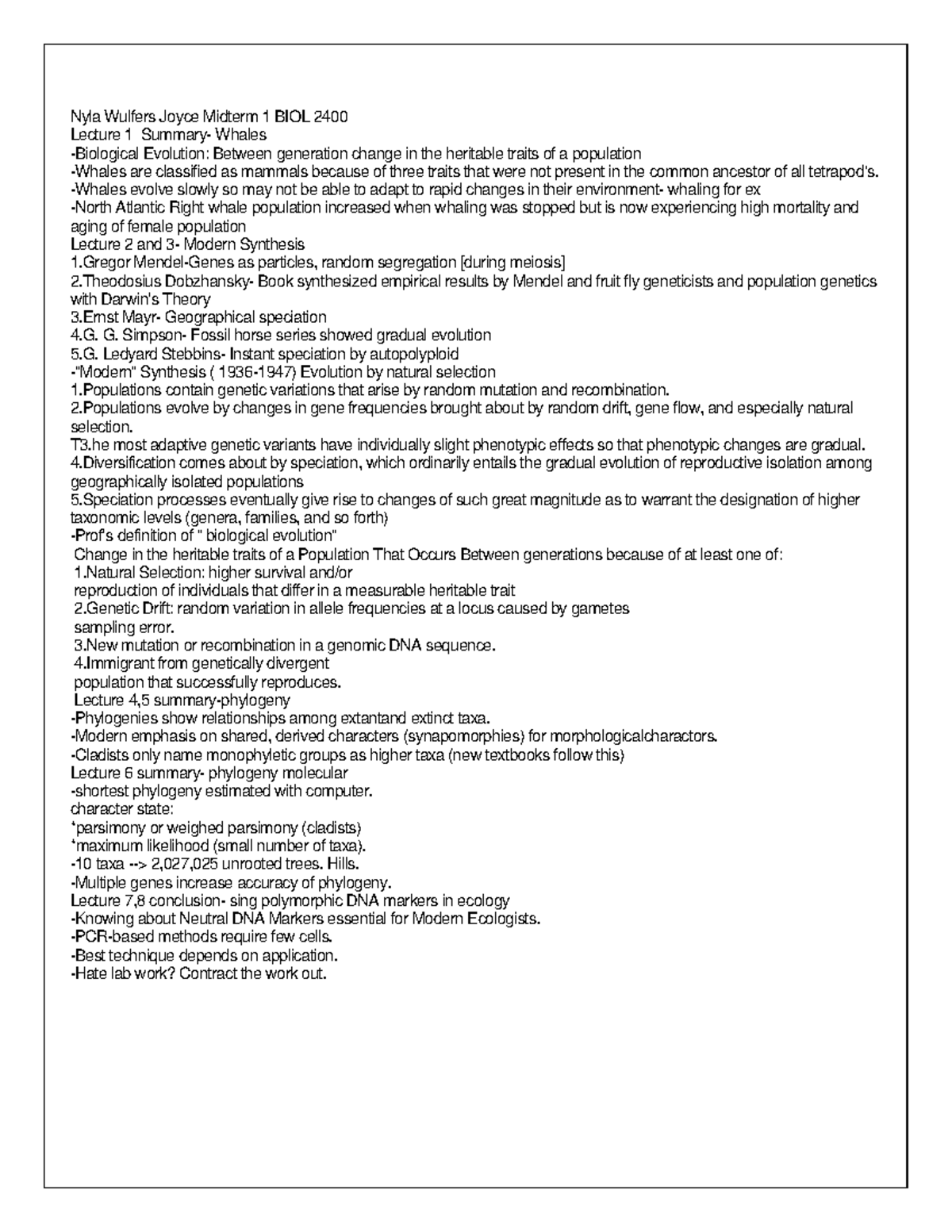 BIOL 2400 Midterm 1 Cheat Sheet - BIOL 2400 - Studocu