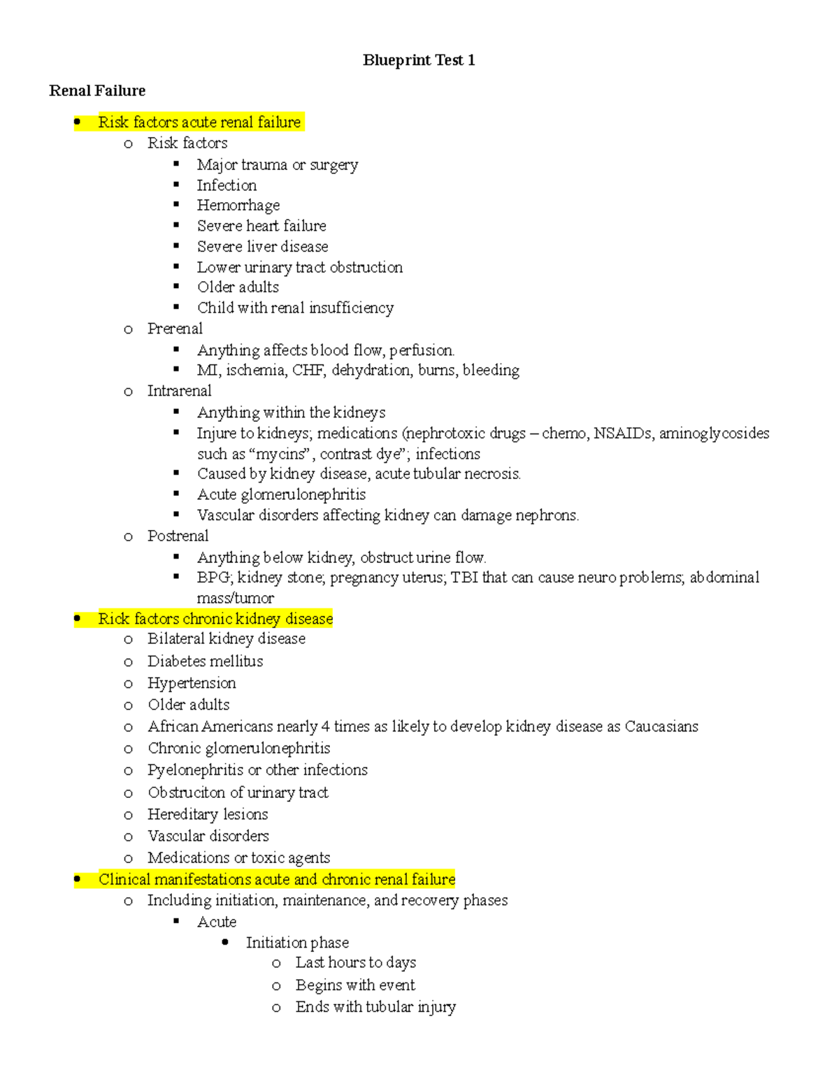 Blueprint Test 1 NUR 213 - Blueprint Test 1 Renal Failure Risk factors ...