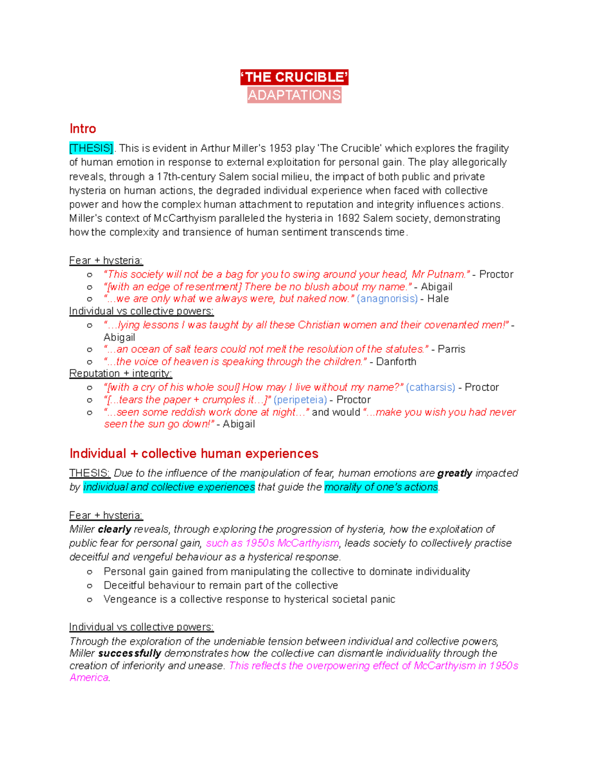 English Advanced - 'The Crucible' Adaptations - ‘THE CRUCIBLE ...