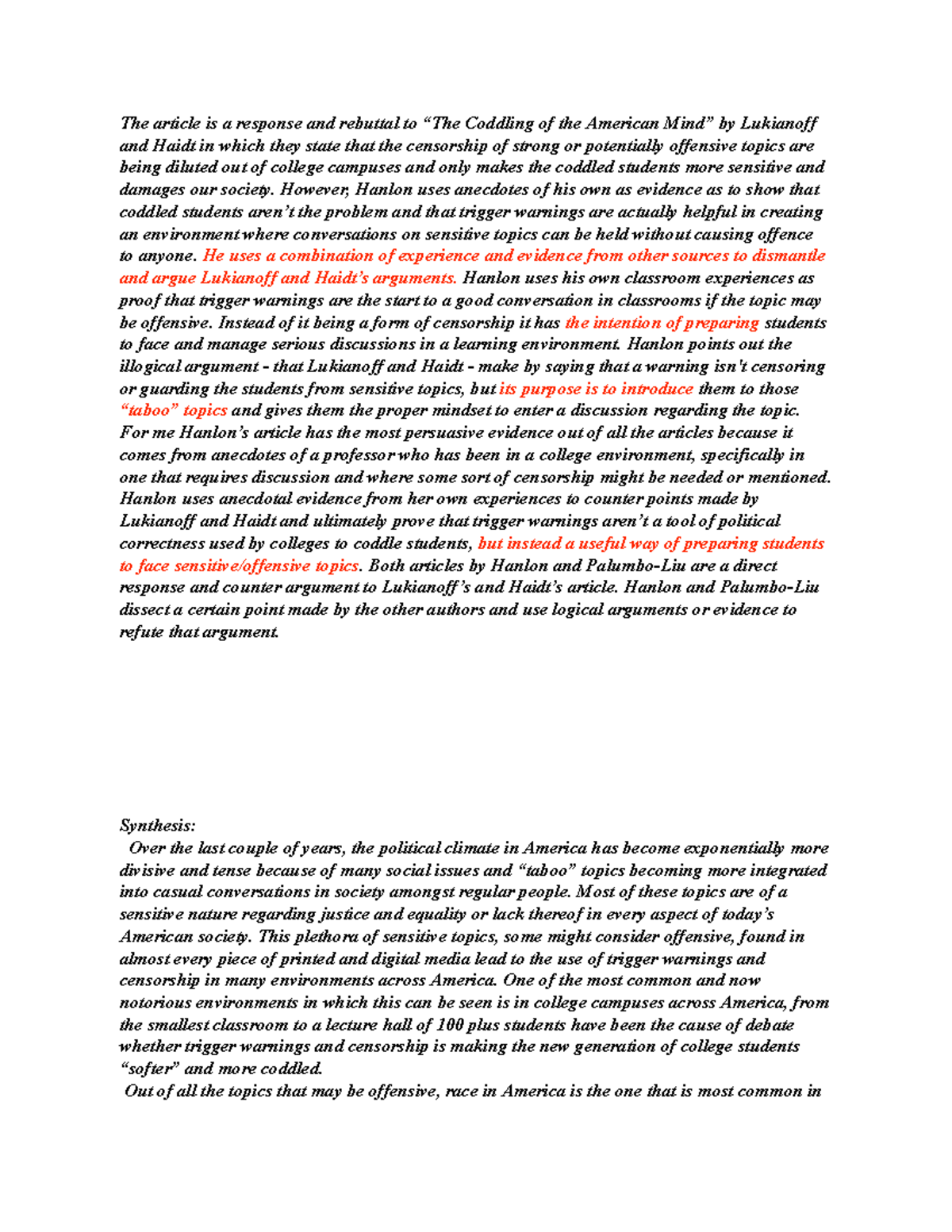 Resaerch Question, Revised Reading Responses, Synthesis Paper 2pdf ...