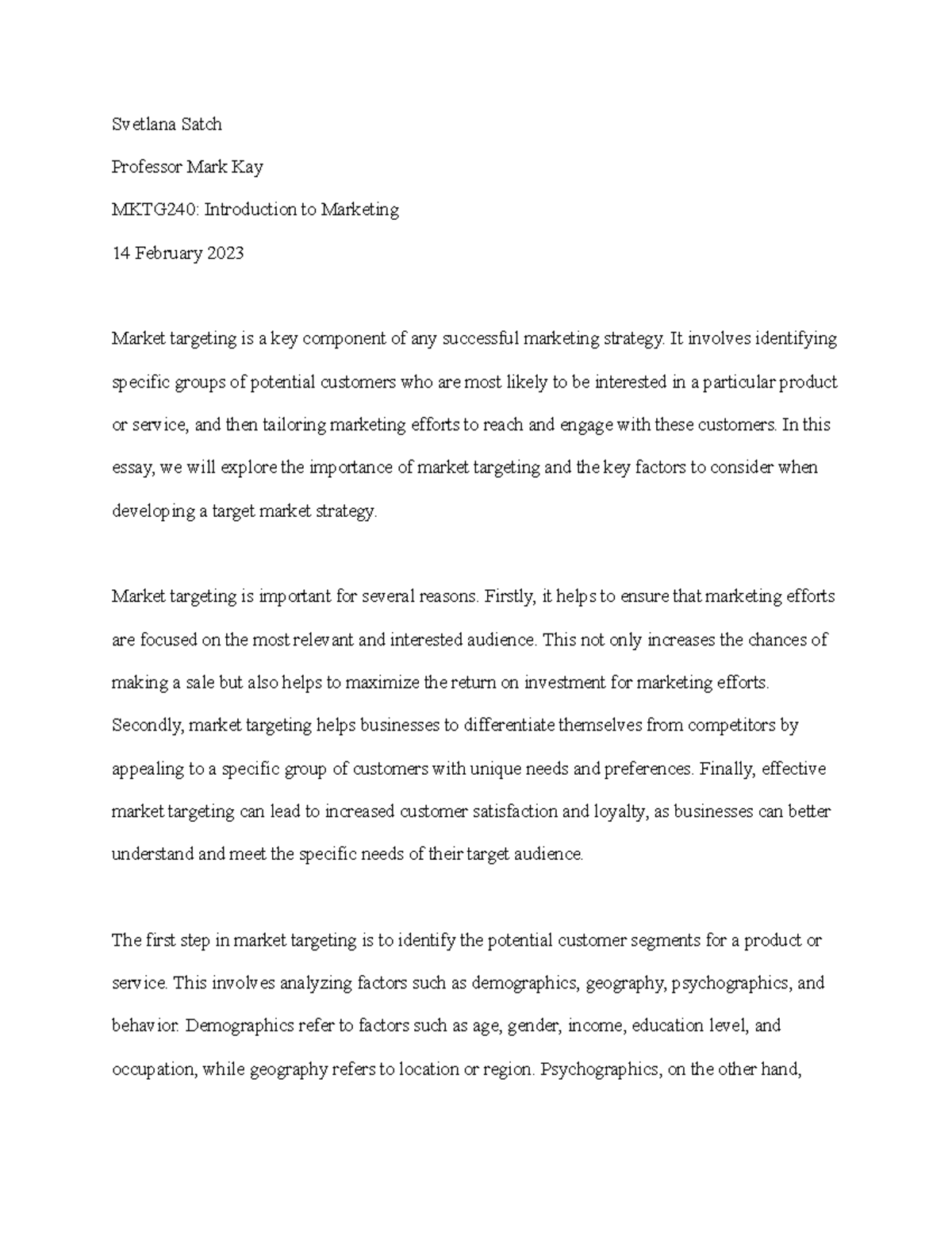 Market Targeting - Professor Mark Kay - Svetlana Satch Professor Mark ...