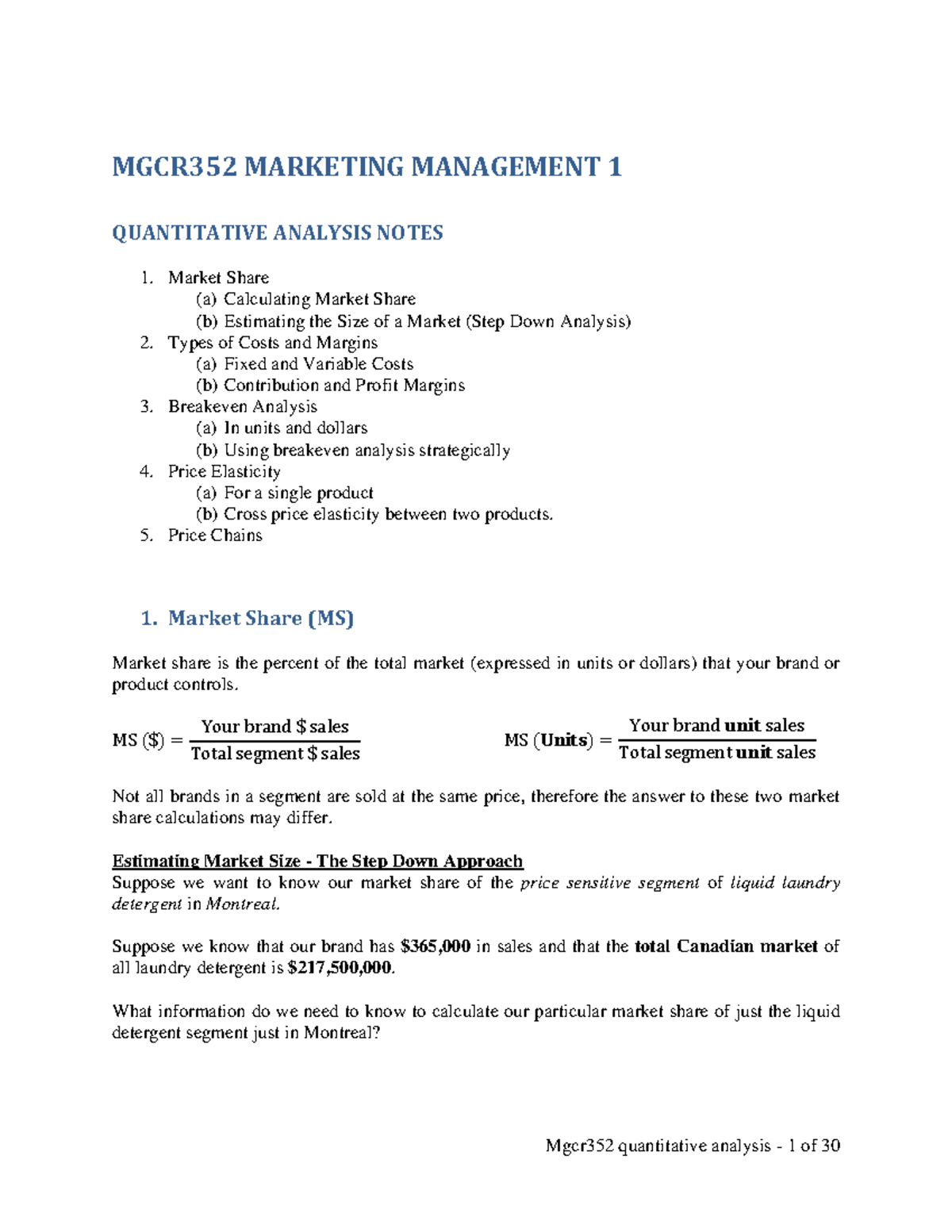 Quant Analysis Course Pack - MGCR352 MARKETING MANAGEMENT 1 ...