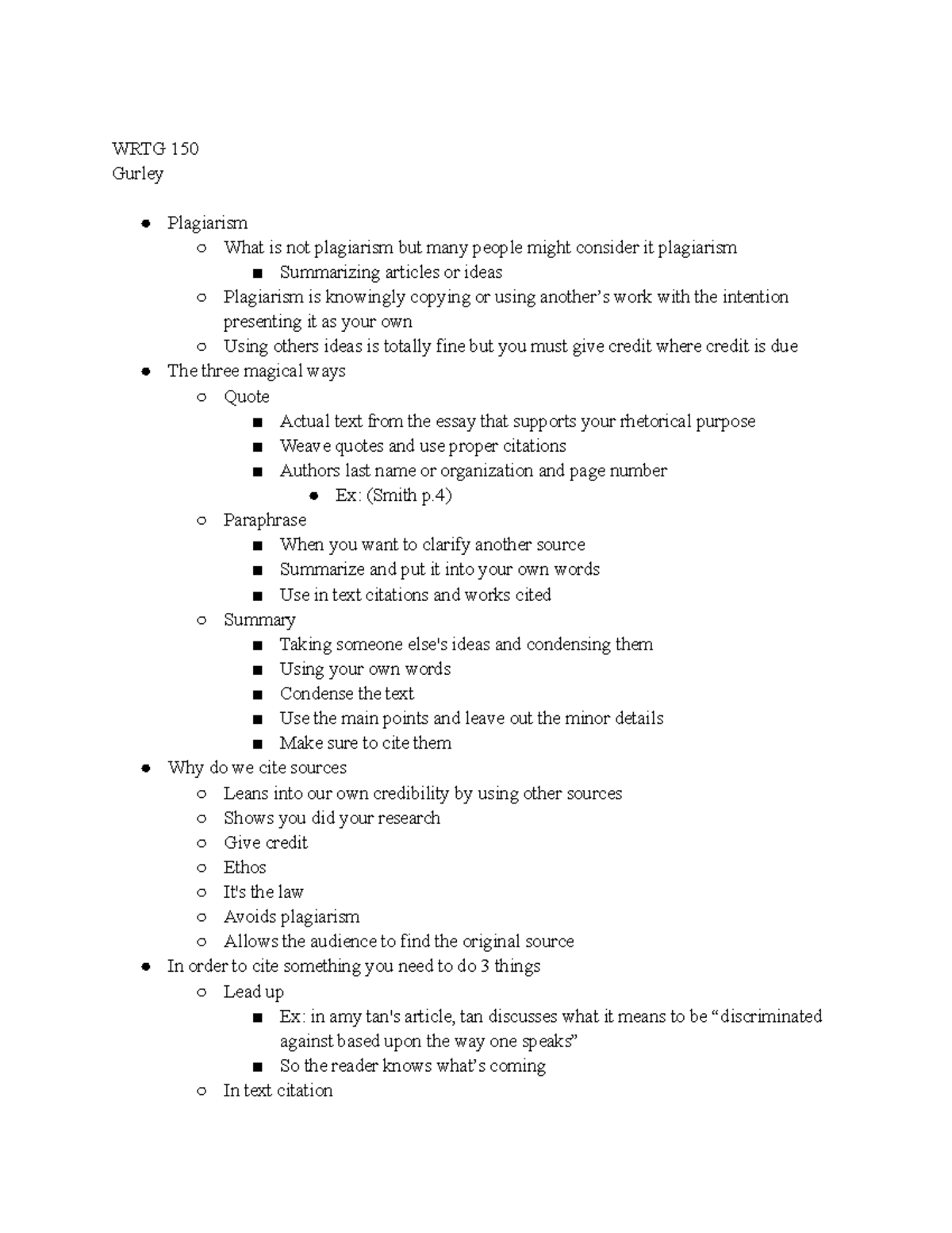 WRTG 150 - Gurley Class notes - 3/7 - WRTG 150 Gurley Plagiarism What ...