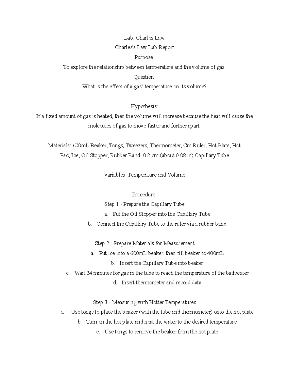 Copy of Lab Charles Law - cheat sheet for lab report - Lab: Charles Law ...