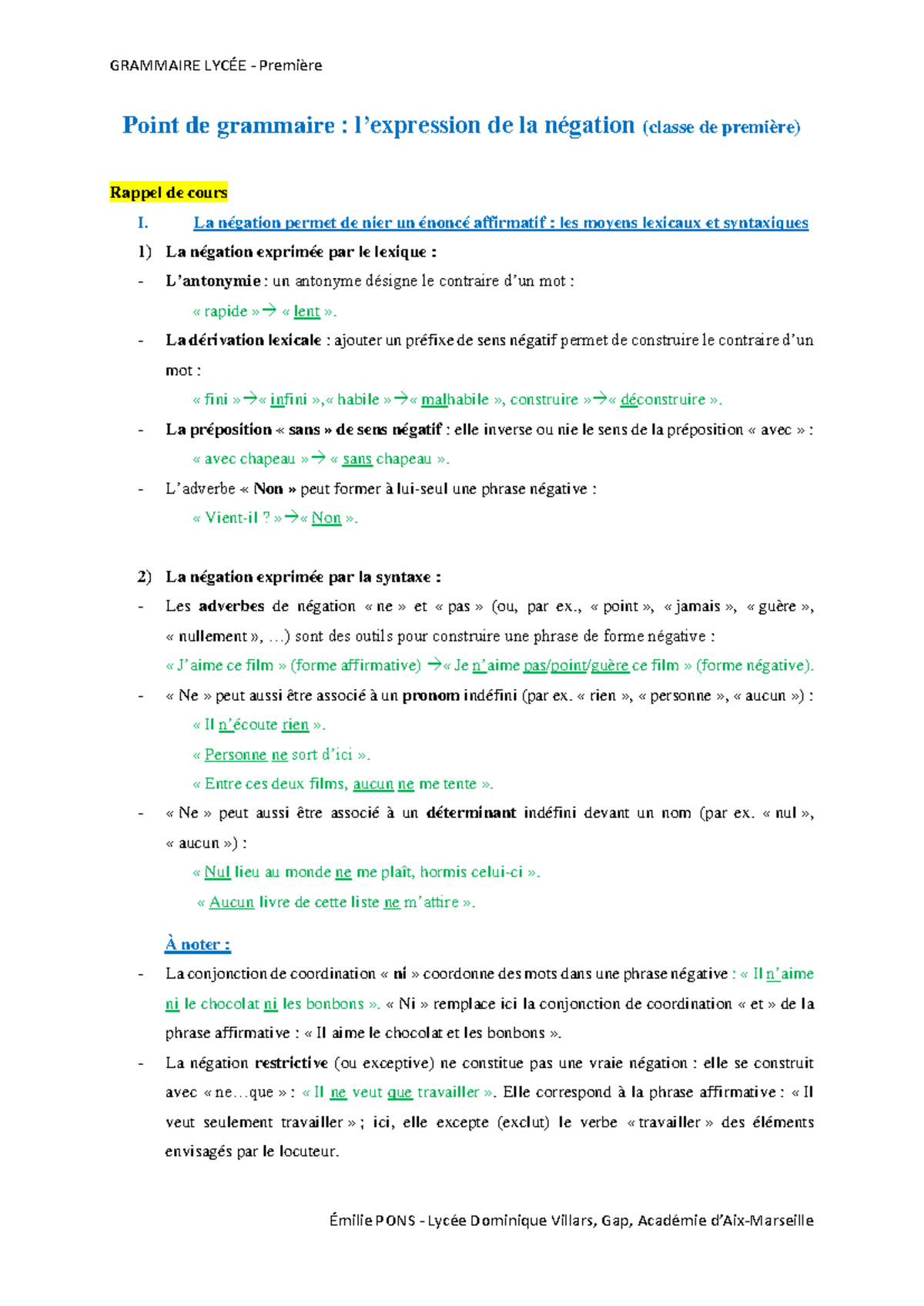 La negation en premiere - GRAMMAIRE LYCÉE - Première Émilie PONS ...