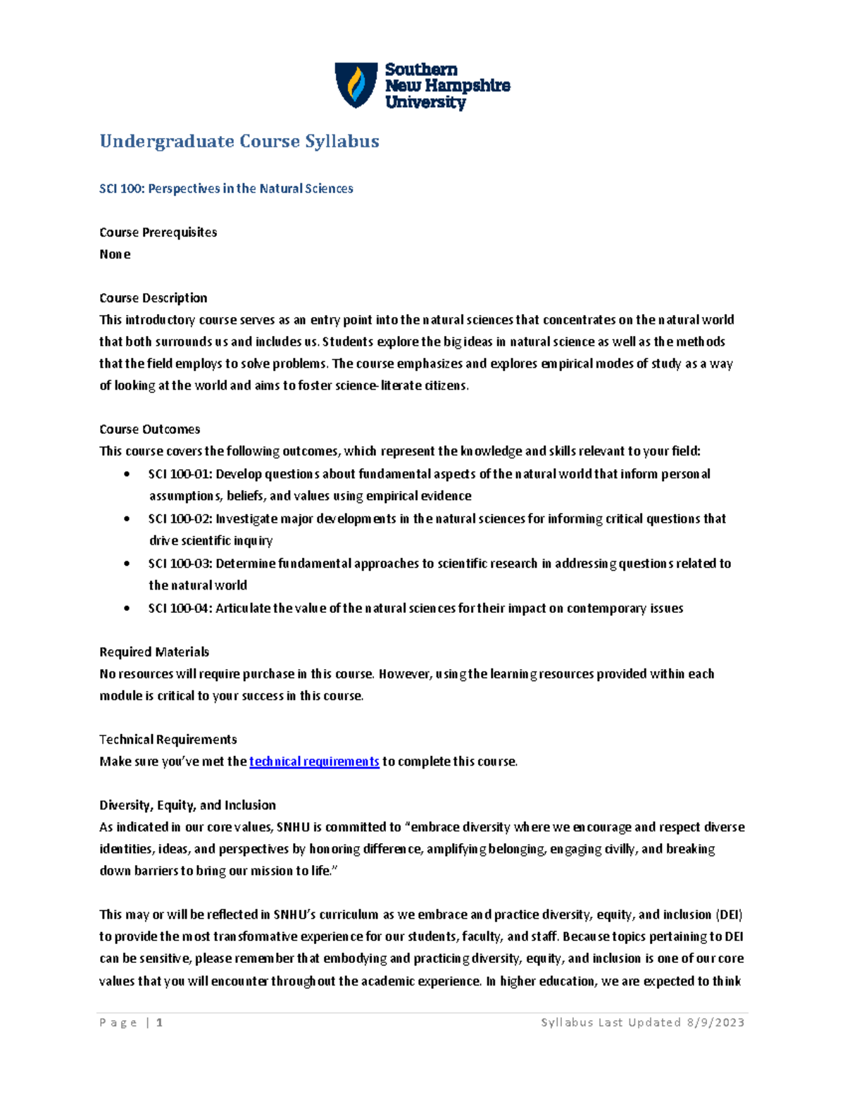 SCI 100 Syllabus - xcxcvxzv - Undergraduate Course Syllabus SCI 100 ...