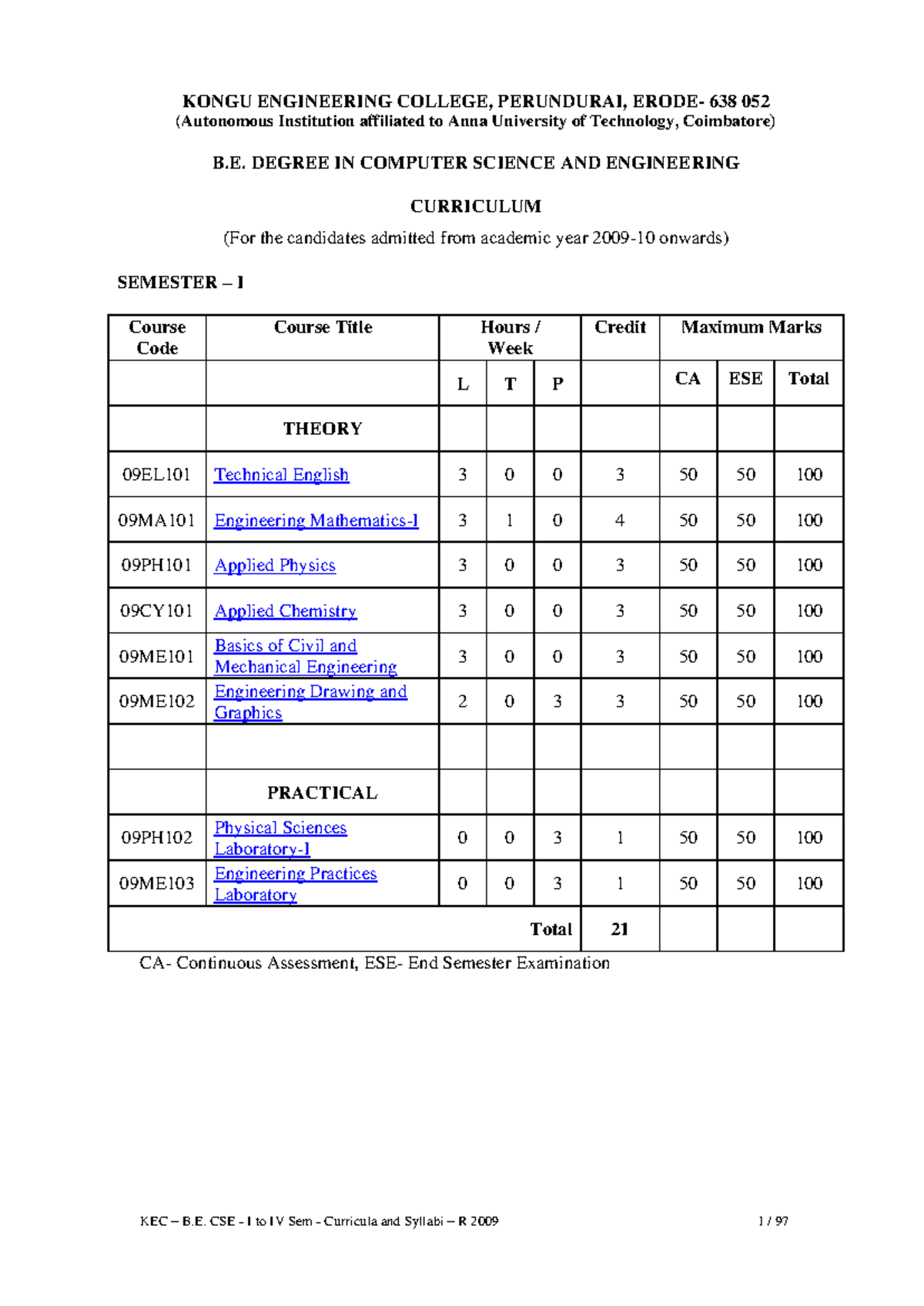 R2009-BE-CSE I-VIII SEM - KONGU ENGINEERING COLLEGE, PERUNDURAI, ERODE ...