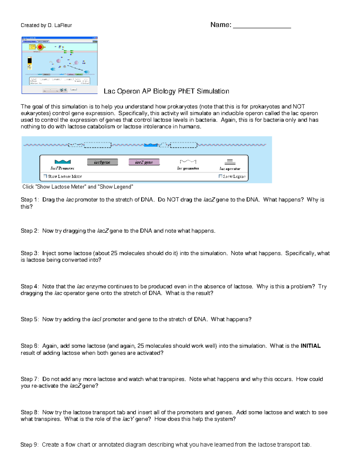 Lac Operon Activity - Created by D. LaFleur Name: _______________ Lac ...