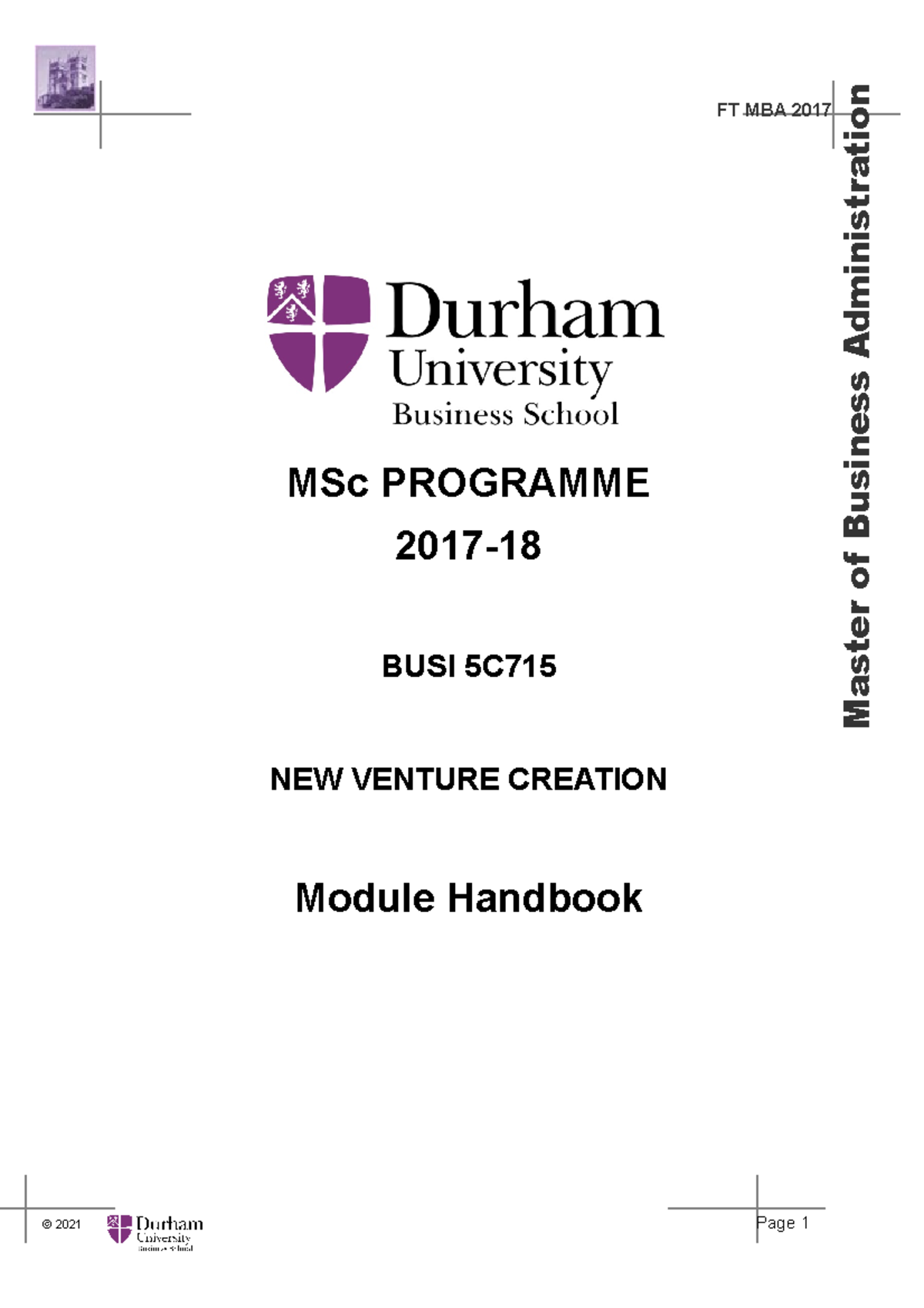 New Venture Creation MSc Module Handbook 2017 12011 8 - Master of ...