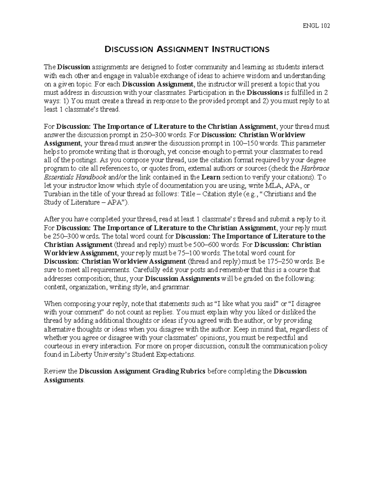Discussion Assignment Instructions-2 - ENGL 102 DISCUSSION ASSIGNMENT ...