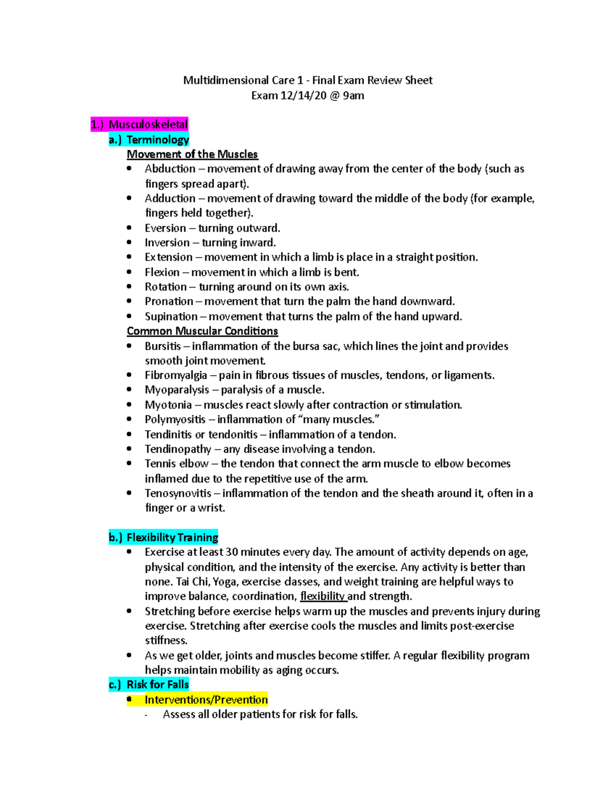 Multidimensional Care 1 - Final Exam Study Guide - Multidimensional ...
