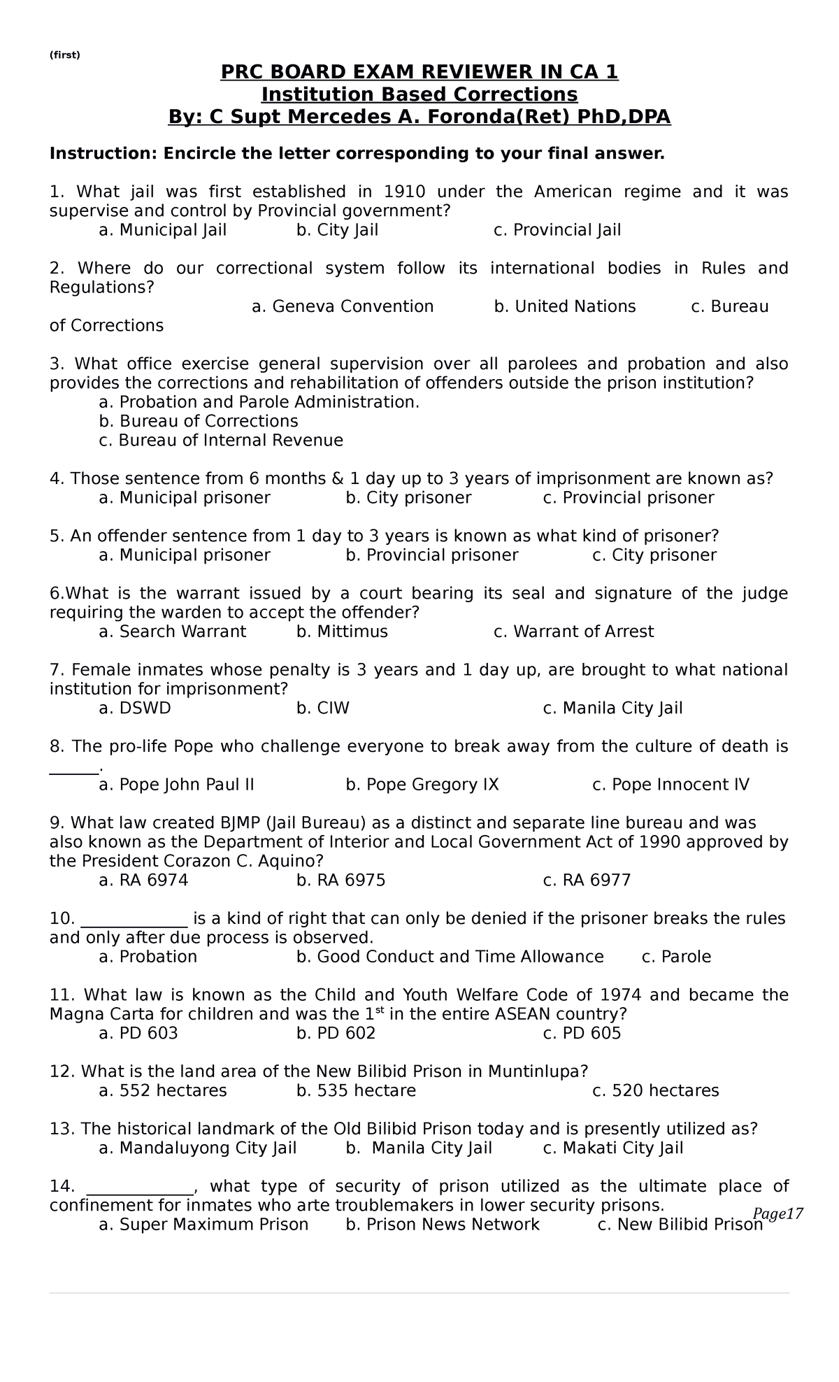 2011 CA 1 - PRC reviewer questions - (first) PRC BOARD EXAM REVIEWER IN ...
