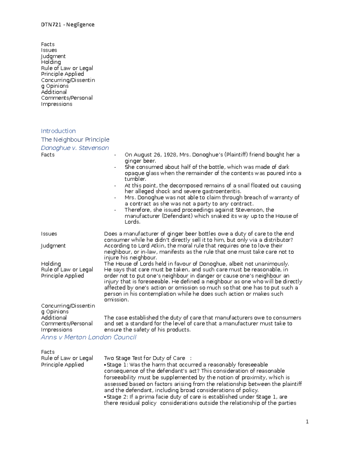 Facts - CLASS NOTES - Facts Issues Judgment Holding Rule of Law or ...