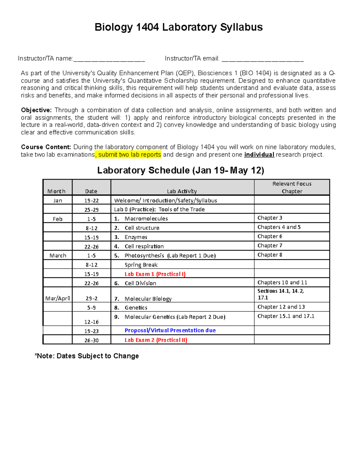 1404 lab syllabus Spring 2021(1) - Biology 1404 Laboratory Syllabus ...