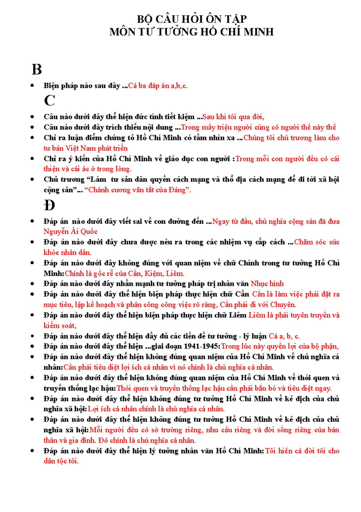 đáp án Tthcm - FEDFMGL - BỘ CÂU HỎI ÔN TẬP MÔN TƯ TƯỞNG HỒ CHÍ MINH B ...
