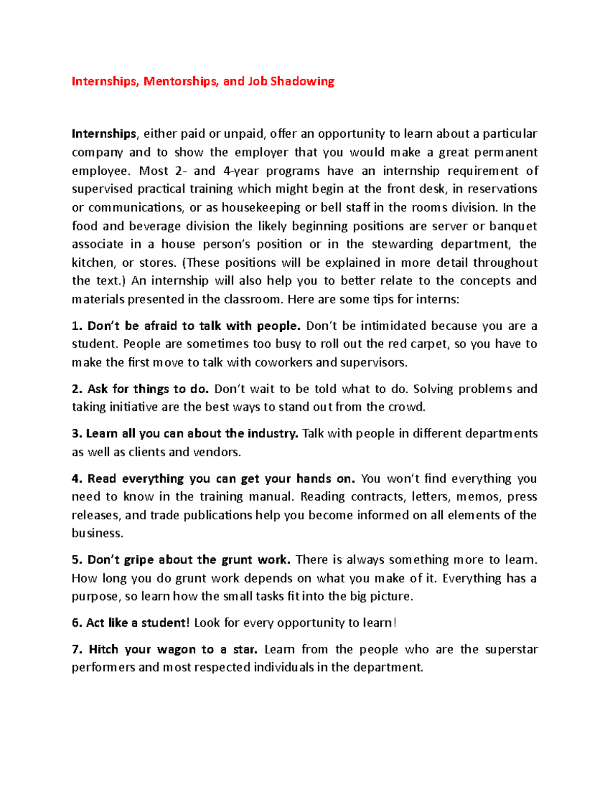 Internships, Mentorships, and Job Shadowing - Internships, Mentorships ...