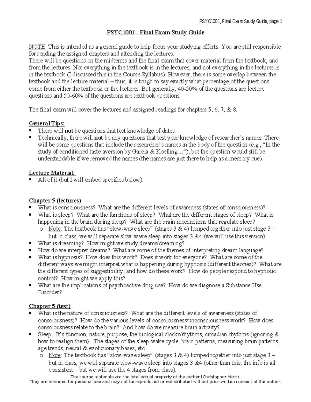 PSYC1001 Final Exam Study Guide - PSYC1001 - Final Exam Study Guide NOTE: This is intended as a ...
