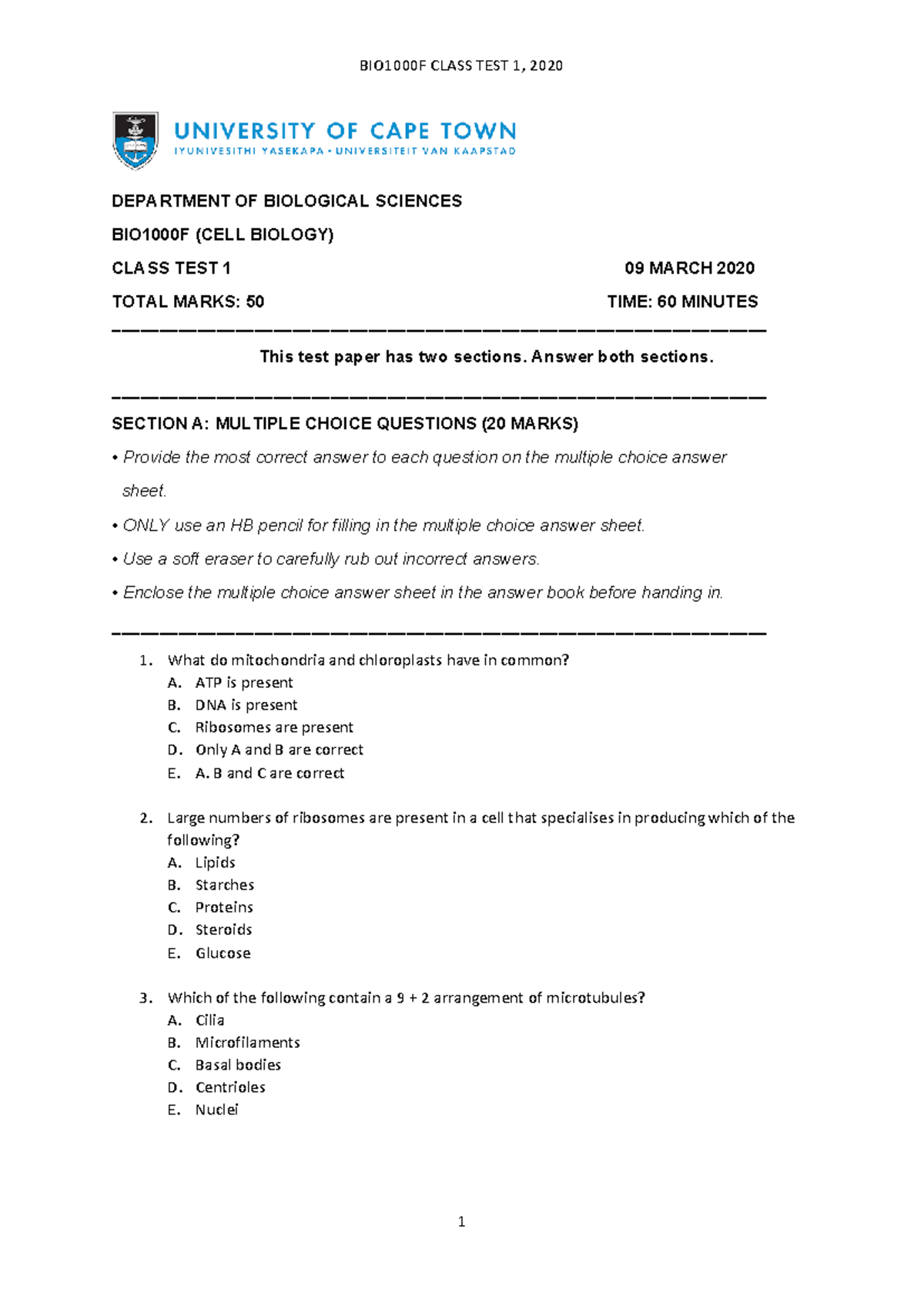BIO1000 F Class test 1 2020 - DEPARTMENT OF BIOLOGICAL SCIENCES ...