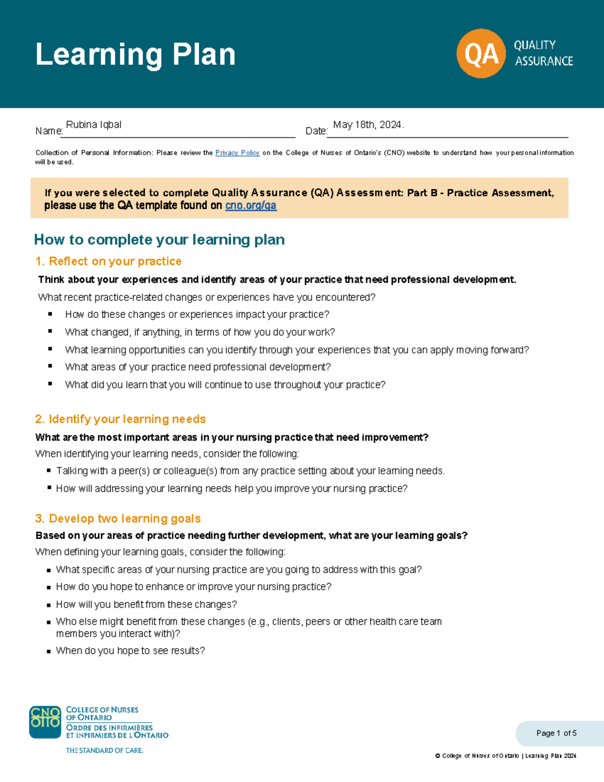 Qa learning plan fillable en - Learning Plan Name: Date: Collection of Personal Information ...