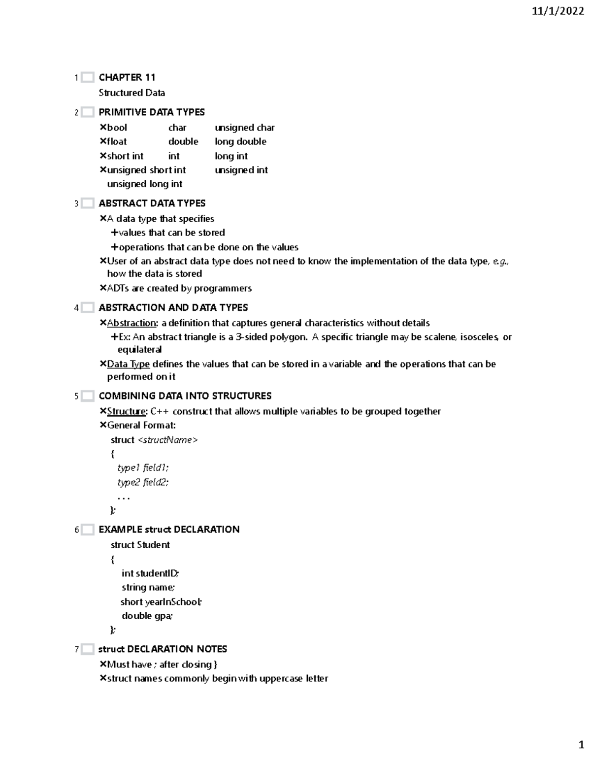 Ch 11 Outline - CHAPTER 11 Structured Data PRIMITIVE DATA TYPES bool char unsigned char float ...