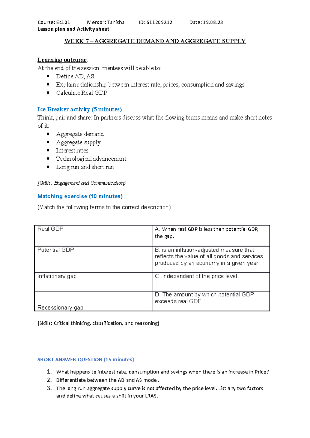 WEEK 6 - QUESTIONS - Lesson plan and Activity sheet WEEK 7 – AGGREGATE ...