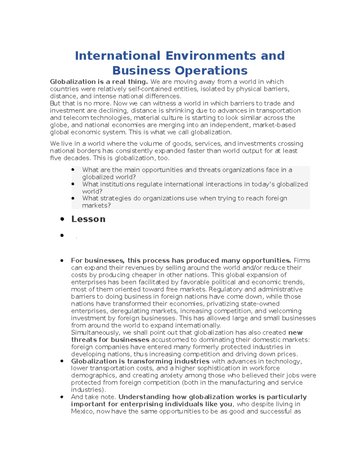 International Environments and Business Operations - International ...