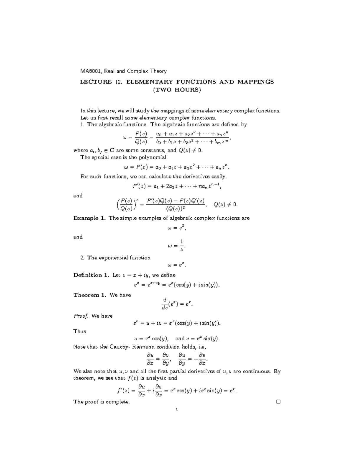 Lecture notes 12 - Real and Complex Function Theory - MA6001, Real and ...