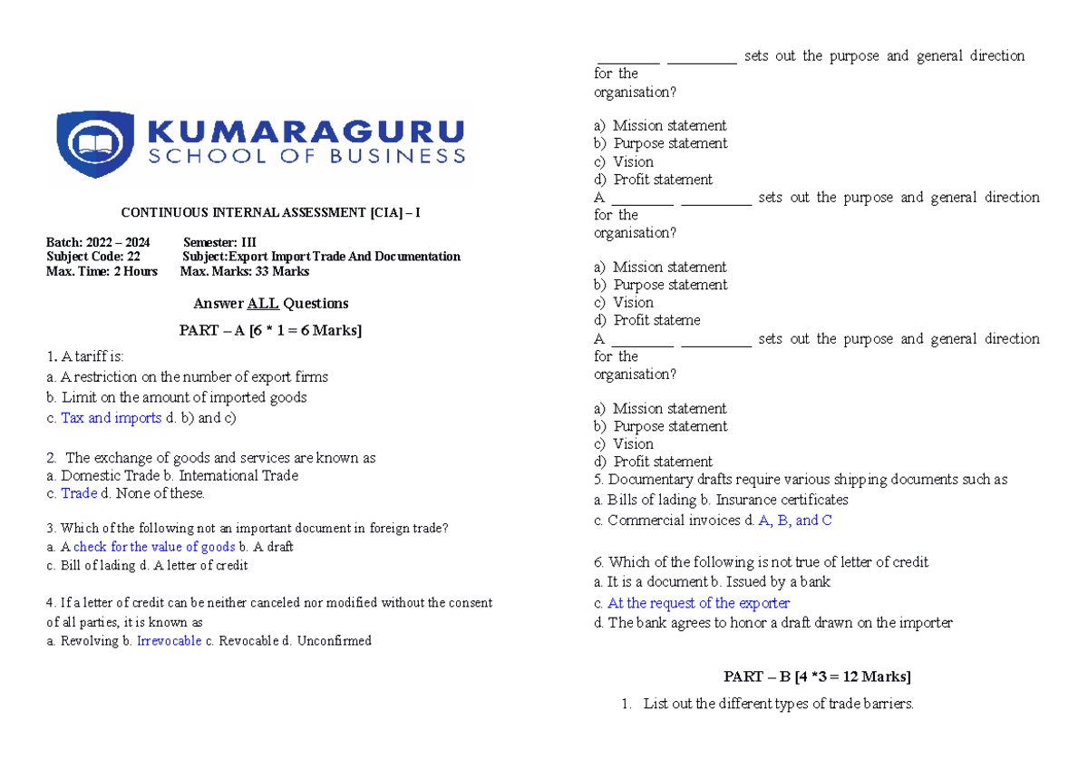 EITD CIA 1 Qp - CONTINUOUS INTERNAL ASSESSMENT [CIA] – I Batch: 2022 – 2024 Semester: III ...