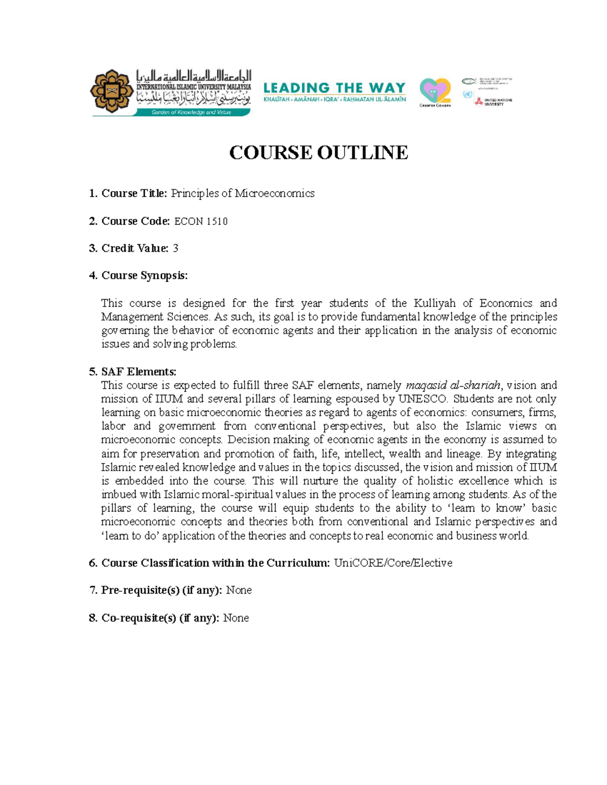 ECON 1510 Course Outline SEM 1 2022-23 - COURSE OUTLINE Course Title ...
