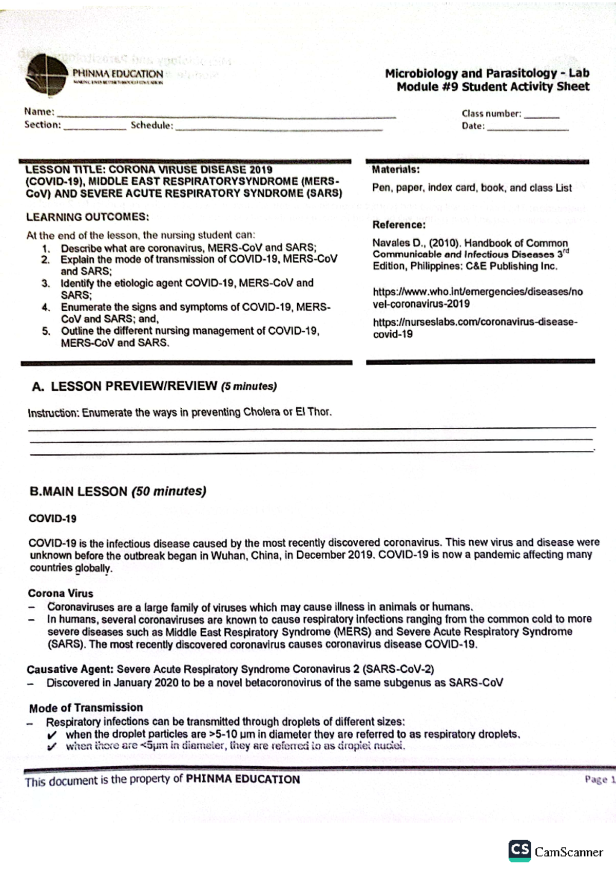 HES 007 LAB SAS 9 Covid 19MERS Co Vsars - PHINMA EDUCATION Microbiology ...