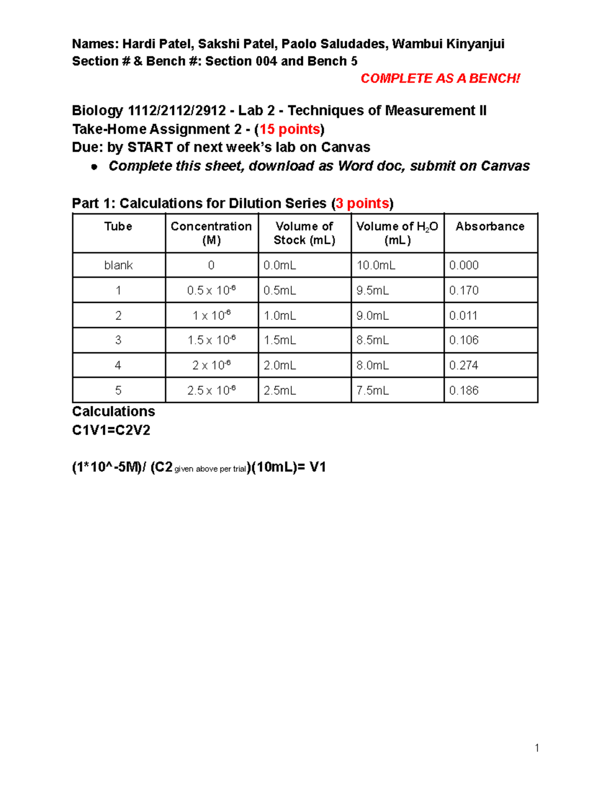 Take-Home Assignment 2 - The Spectrophotometer - Section # & Bench ...