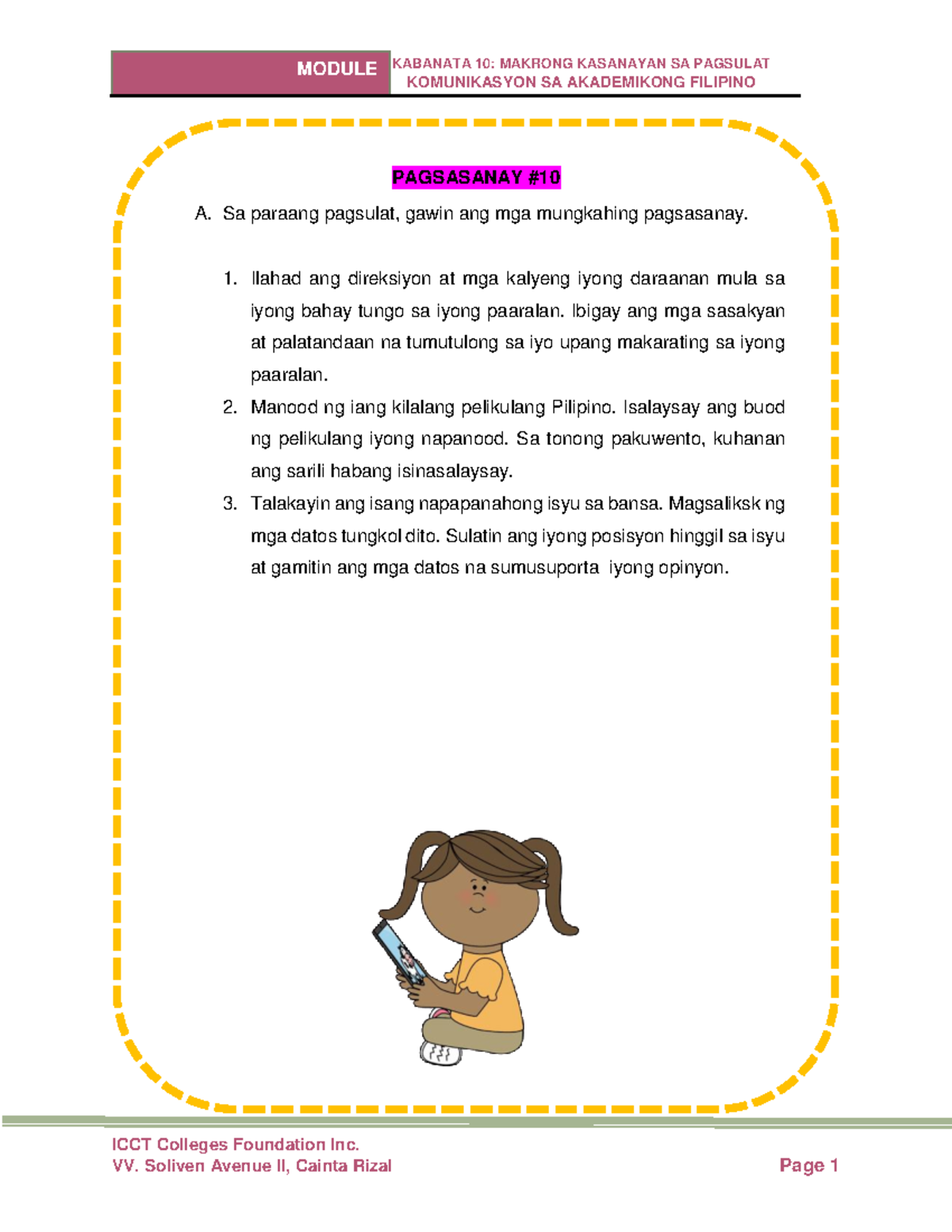 Pagsasanay #10 - Filipino - MODULE KABANATA 10: MAKRONG KASANAYAN SA PAGSULAT KOMUNIKASYON SA ...