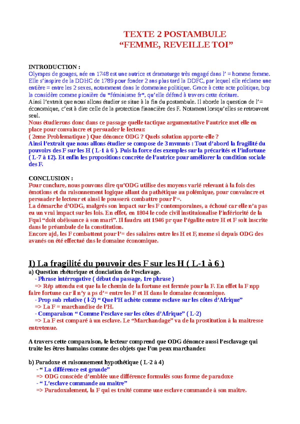 ODG Texte 3 - TEXTE 2 POSTAMBULE “FEMME, REVEILLE TOI” INTRODUCTION : Olympes de gouges, née en ...