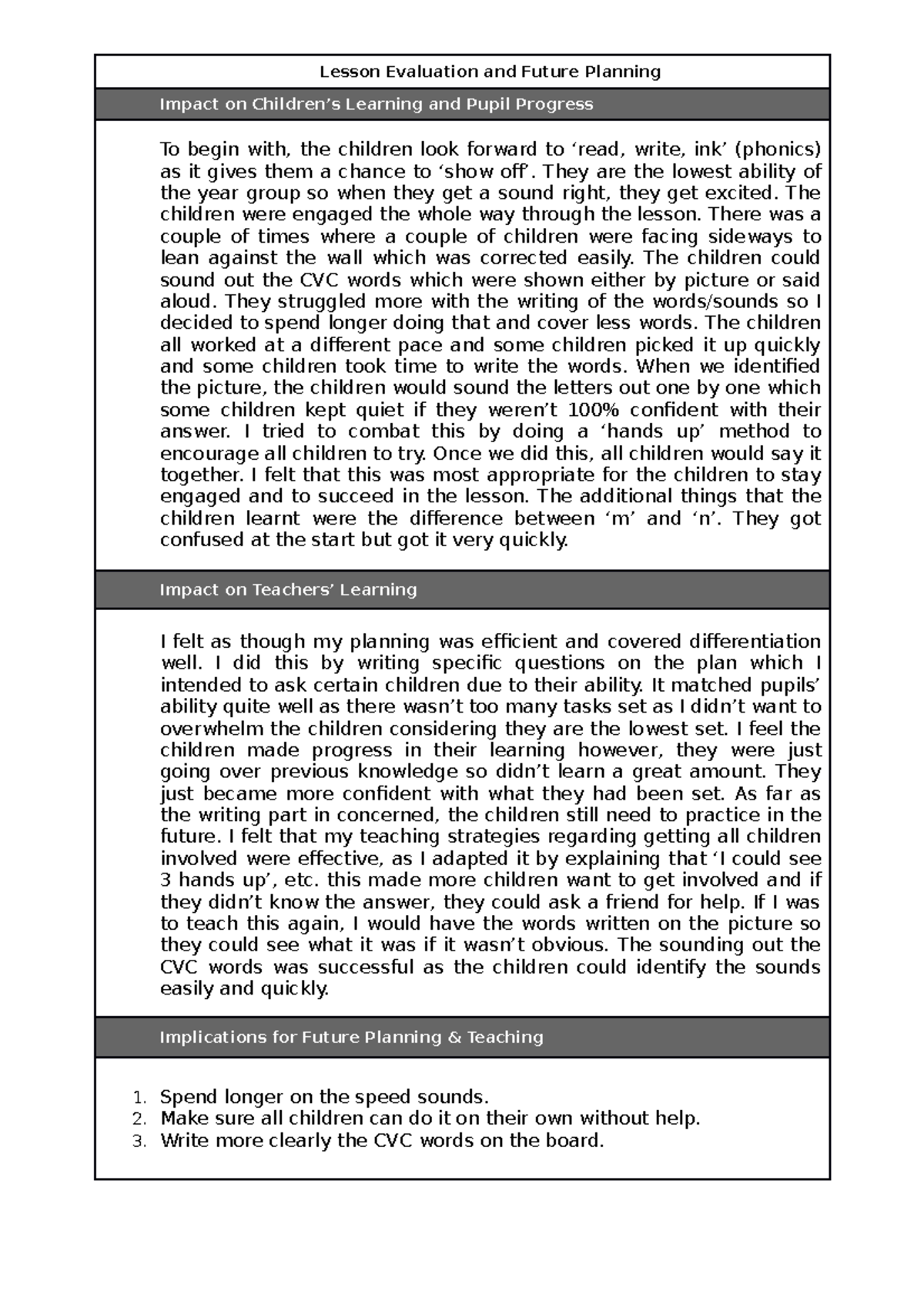Evaluation - phonics - Lesson Evaluation and Future Planning Impact on ...
