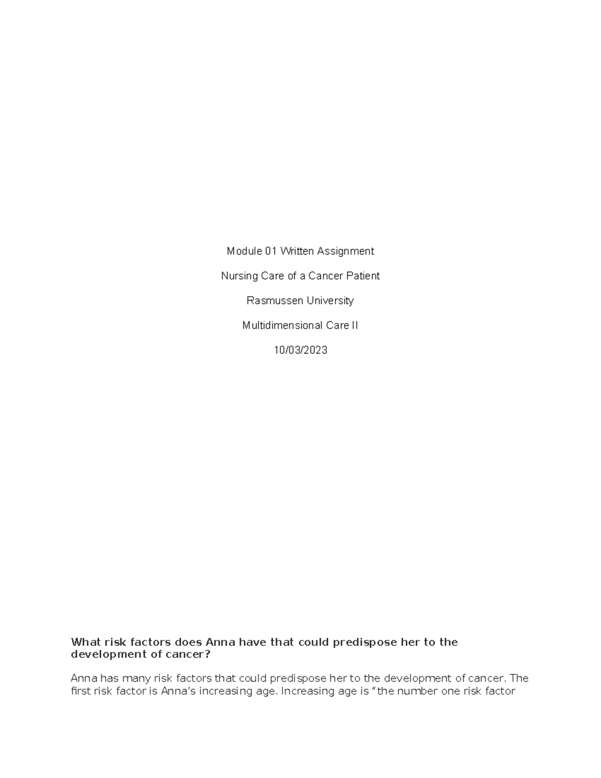 Module 1 assignment format - Module 01 Written Assignment Nursing Care of a Cancer Patient ...