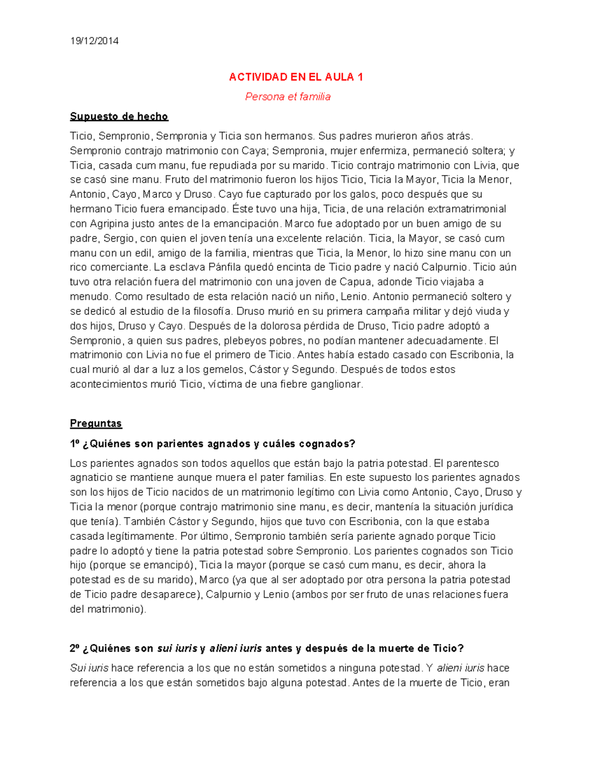 Actividad complementaria Derecho Romano - 19/12/ ACTIVIDAD EN EL AULA 1 Persona et familia ...