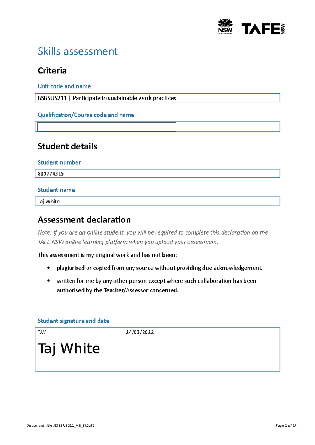 Bsbsus 211 AE Sk2of2 - Taj White - Skills assessment Criteria Unit code ...