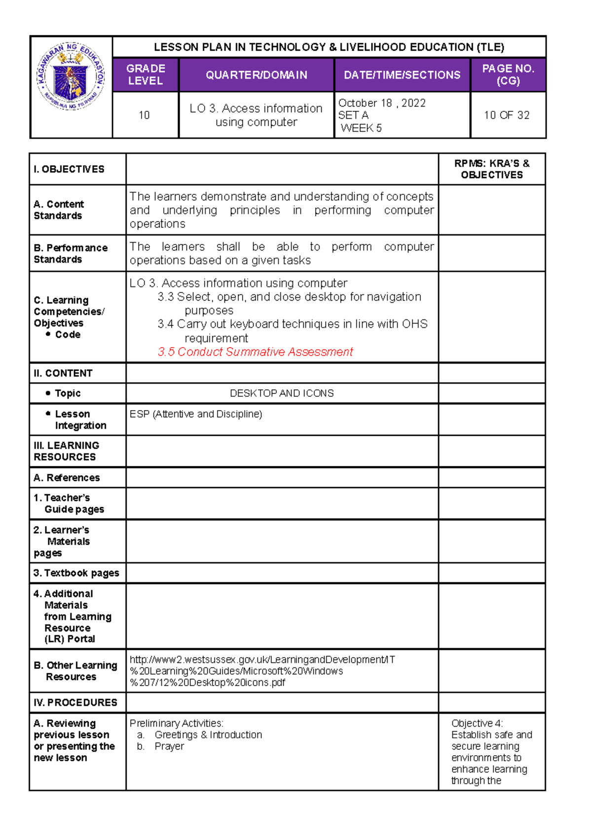 Lesson PLAN IN desktop icons - LESSON PLAN IN TECHNOLOGY & LIVELIHOOD ...