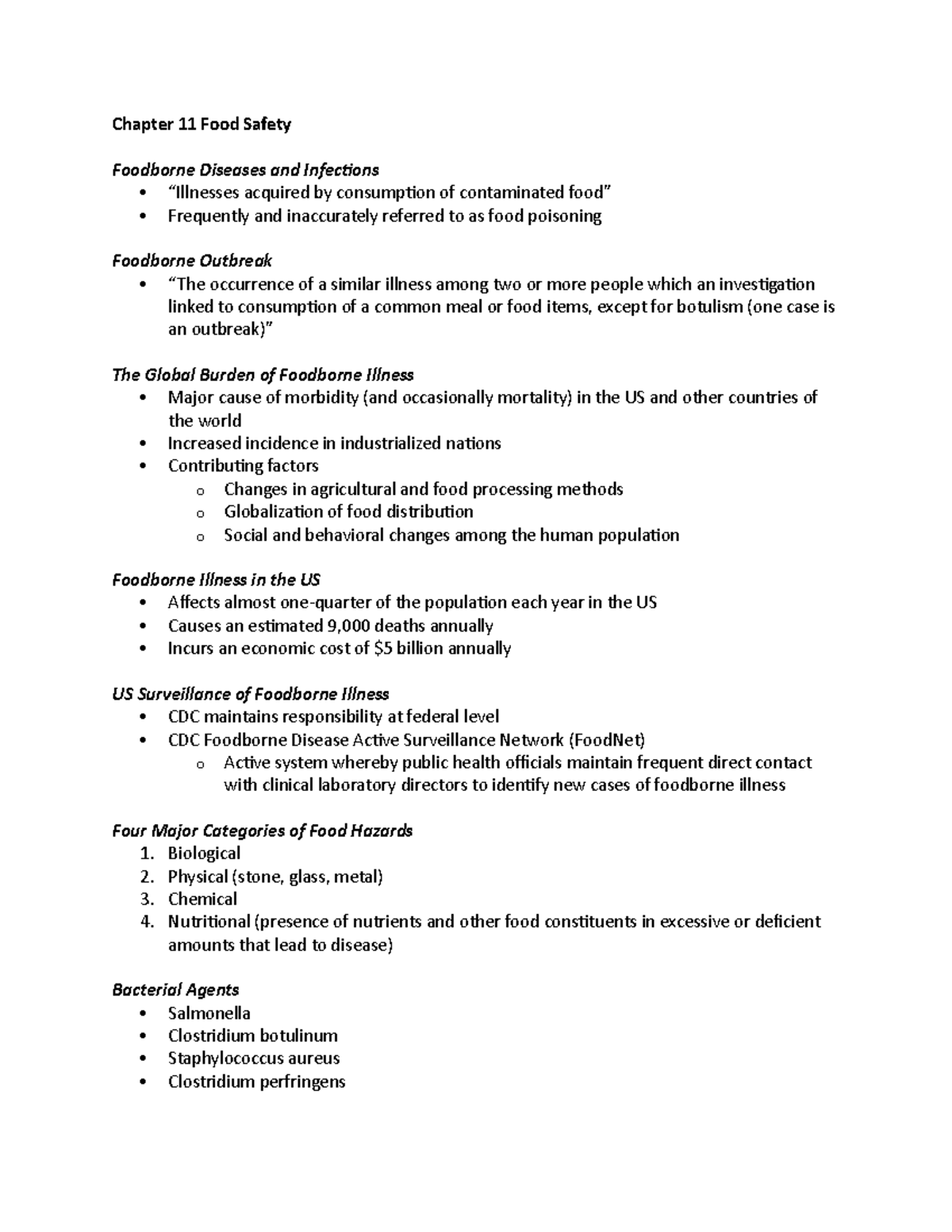 Chapter 11 Notes - Chapter 11 Food Safety Foodborne Diseases and ...