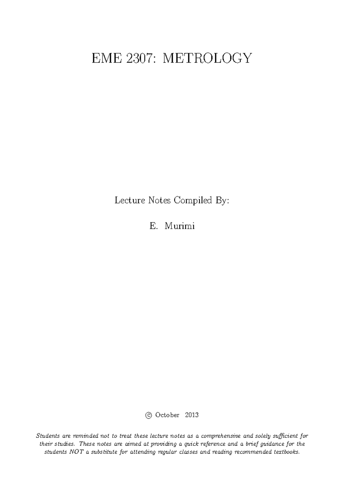 Metrology EME 2307 - EME 2307: METROLOGY Lecture Notes Compiled By: E ...
